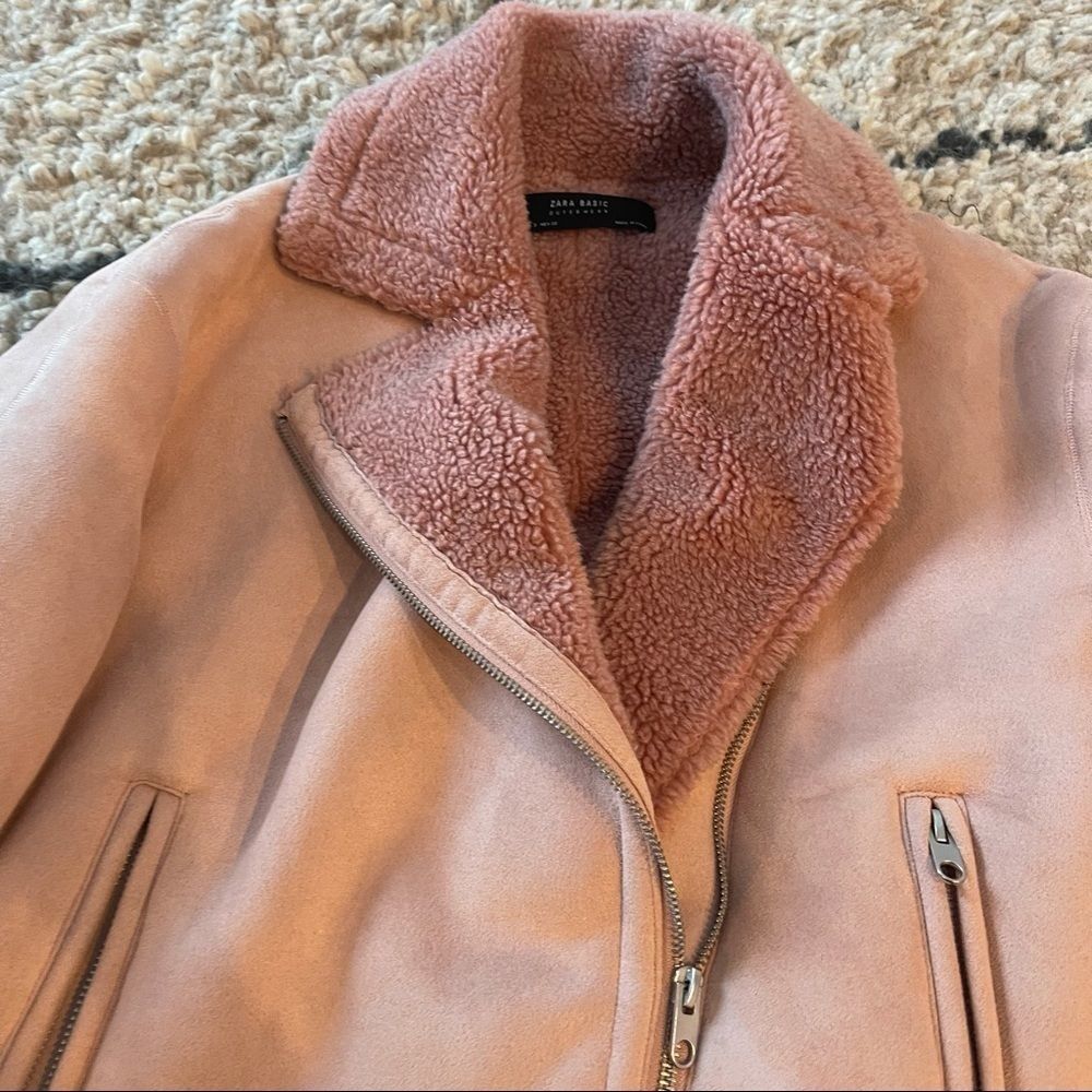 Zara Blush Pink Shearling Suede Moto Jacket - Gem